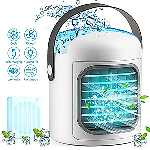 Portable Air Conditioner 4 in 1 Personal Air Cooler Fan with 4 Ice Tray USB Rechargeable Mini Quiet Evaporative Humidifier with 7 LED Light Battery Operated 3 Wind Speed Desktop Cooler for Home/Office