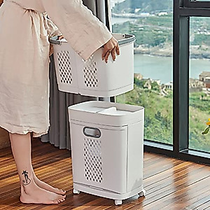 2-Tier Laundry Basket with Wheel Rolling Laundry Sorter Hampe Bathroom,plplaaoo Sorter Basket,Laundry Basket Bottom Opening Closing Design Dirty Clothes Hamper with Storage Shelf for Bathroom