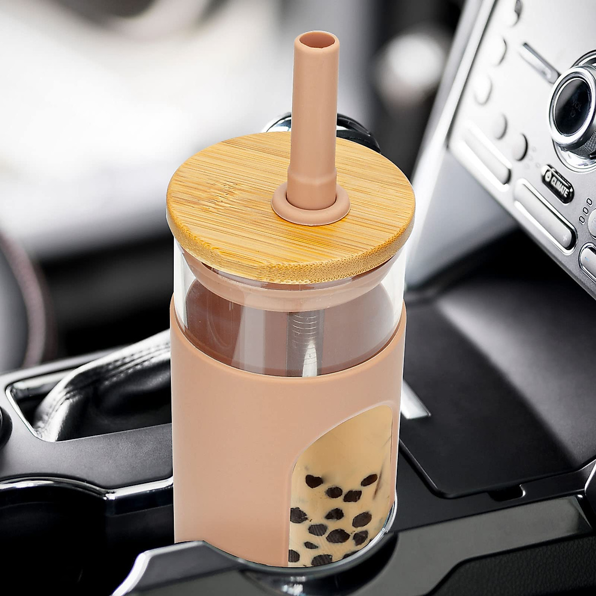 Tronco 26oz Glass Tumbler with Bamboo Lid and Straw, Glass Cup For Boba,Iced Coffee,Smoothie, Spill Proof Glass Water Bottle With Silicone Protective Sleeve, Dishwasher Safe,BPA Free