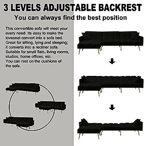 FREESNOOZE 107'' Convertible L-Shaped Velvet Sleeper Sofa Bed Living Room Sectional Sofa with Removable Ottoman and Tapered Metal Legs, Black