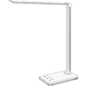 White crown LED Desk Lamp Dimmable Table Lamp Reading Lamp with USB Charging Port 5 Lighting Modes, Sensitive Control, 30/60 min Auto-Off Timer, Eye-Caring Office Lamp (Silver)