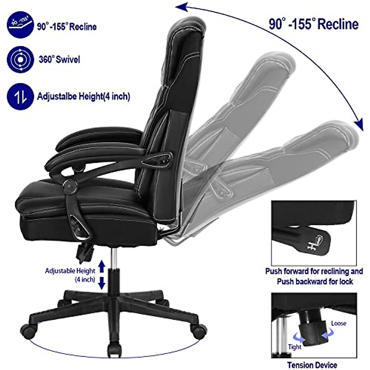 KCREAM Office Chair Back Support, Ergonomic Desk Chair Computer Chair PU Leather Chair Swivel Chair Armrests with Thick Padded Seat Managerial & Executive Chairs(9109-black)