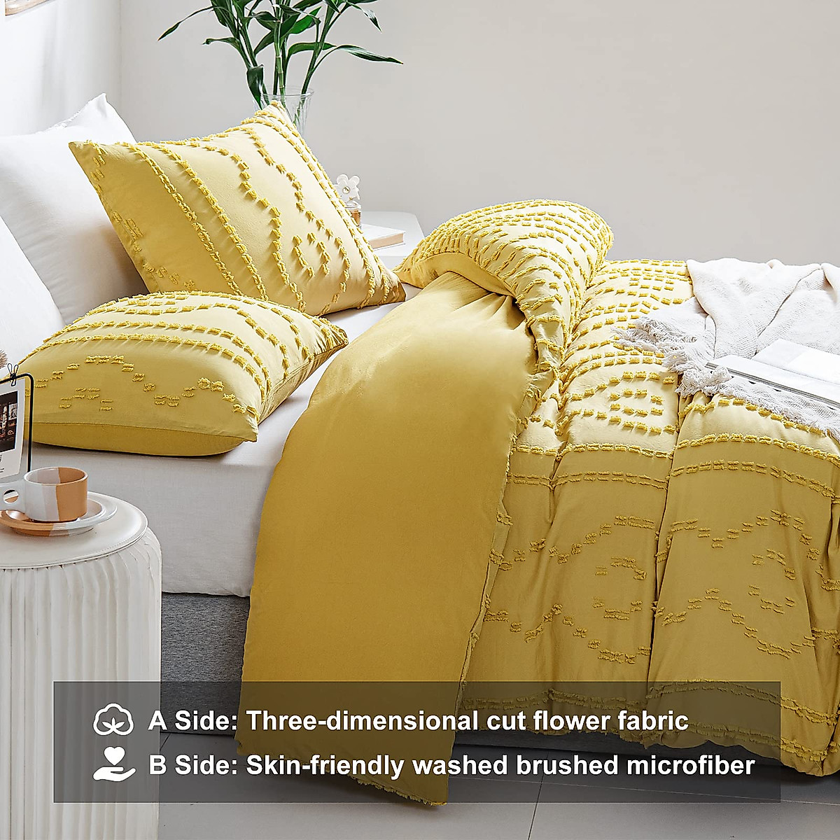 WARMDERN Boho Duvet Cover Set, Tufted Bedding Duvet Covers Soft Washed Microfiber Duvet Cover King Size, 3 Pieces Embroidery Shabby Chic Duvet Cover with Zipper Closure(Yellow, King)