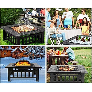 LEAYAN Garden Fire Pit Grill Bowl Grill Barbecue Rack Outdoor Fire Pit Table,3 in 1 Fire Pit Metal Fire Pit Square Stove e Garden Patio Heater with BBQ Frames Waterproof Cover for Party Picnic