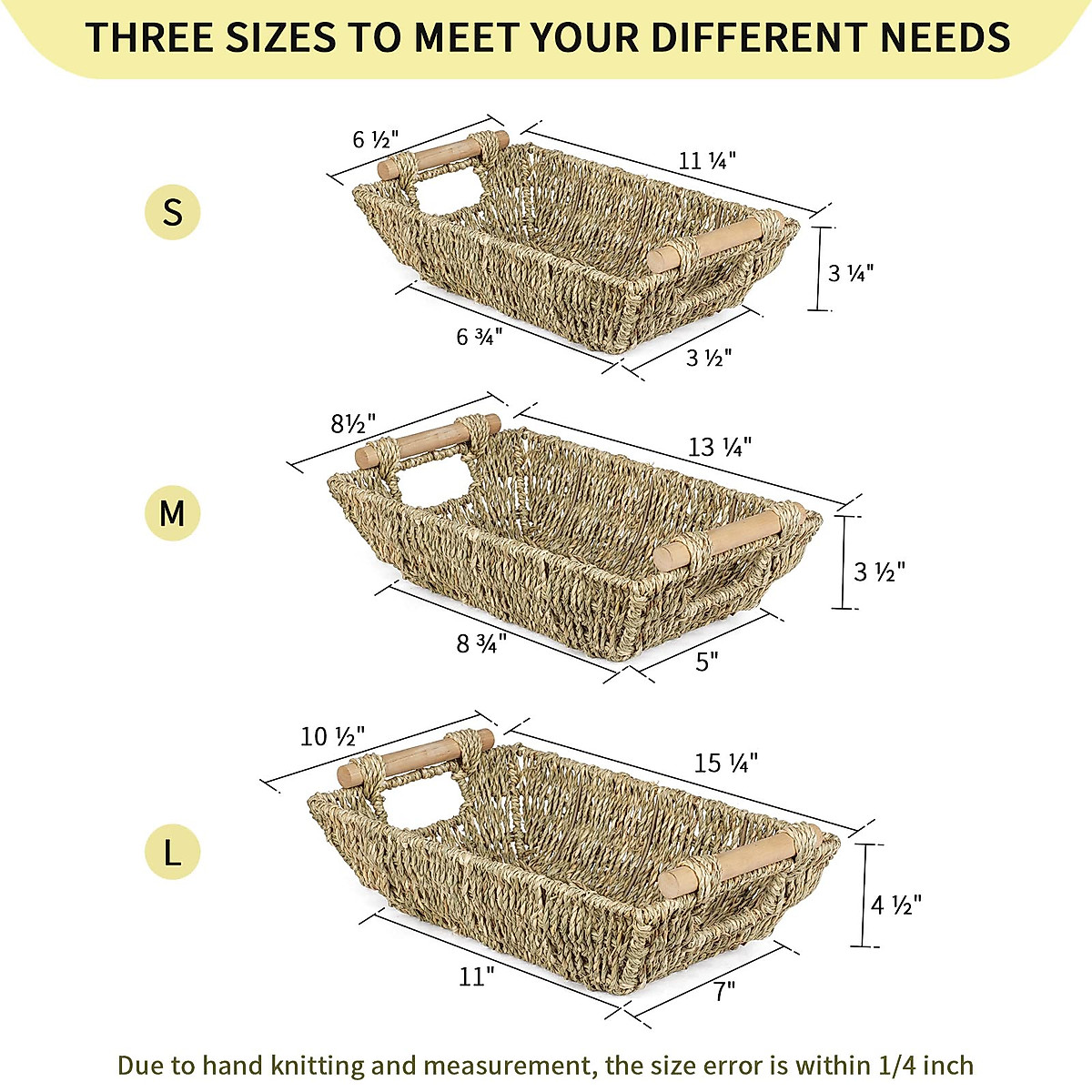 Kenvc Small Wicker Baskets, Seagrass Baskets Set of 3(11/''+13/''+15/''）,Wicker Baskets for Storage, Wicker Storage Basket, Seagrass Storage Baskets with Wooden Handles, Natural (Seagrass)