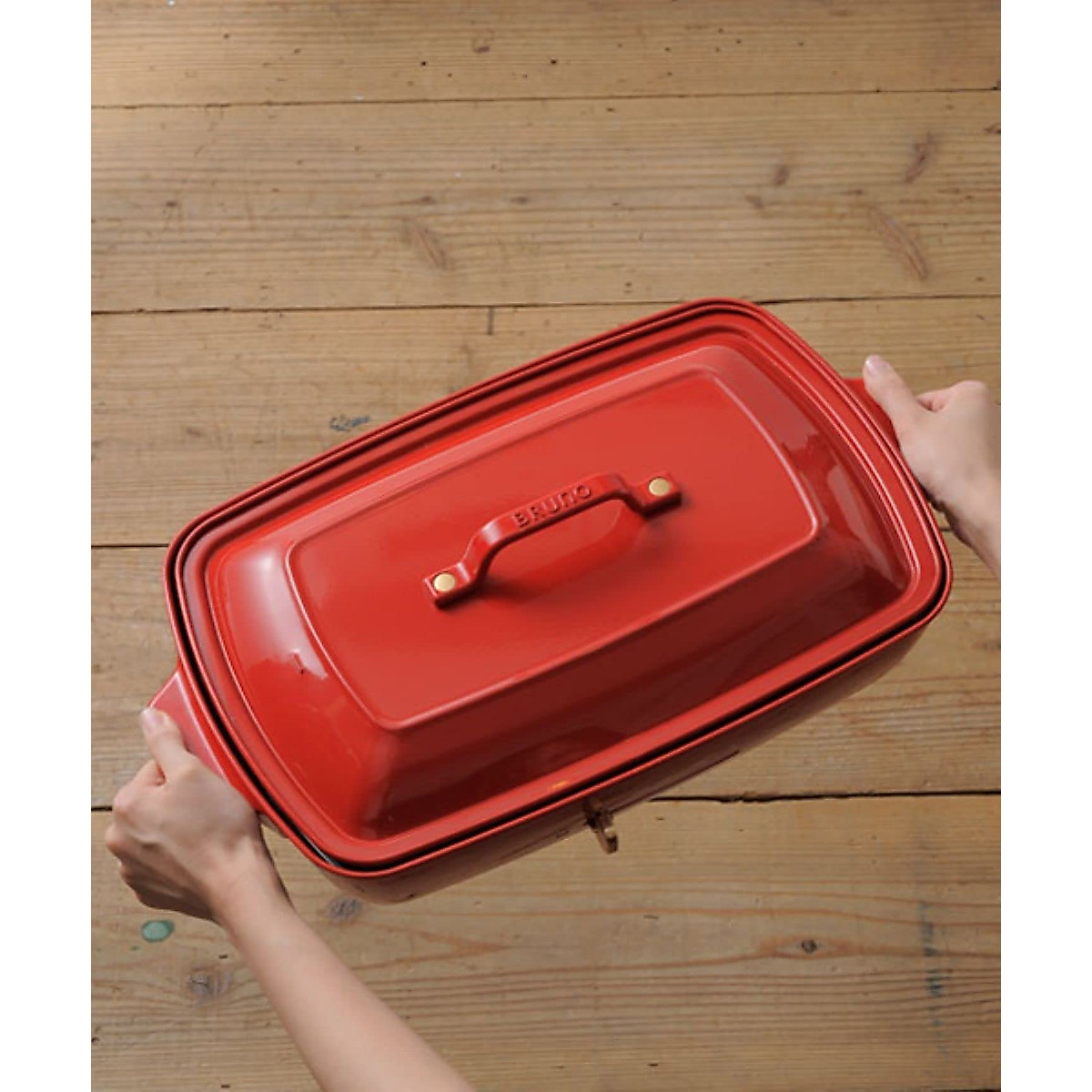 BRUNO Hot Plate Grande Size + Ceramic Coat Partition Pot + Grande For The Grill Plate + Grande Recipe Book 4-Piece Set Red