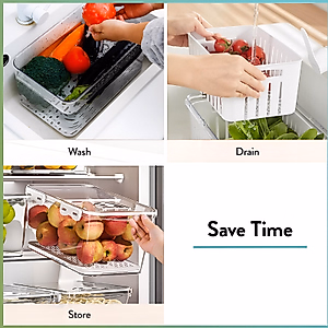 Oiperiey 3-Pack Fridge Vegetable and Fruit Storage Containers, Creative Timer Refrigerator Drain Storage Box, BPA-Free Kitchen Storage Box with Ventilation Holes to Keep Food Fresh
