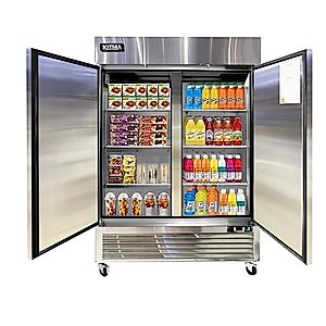 KITMA 54‘’ Commercial Refrigerators - 2 Solid Door Commercial Refrigerator Stainless Steel Double Door Fridge, 44.77 Cu.Ft