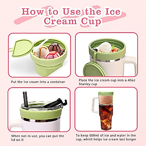 Silicone Ice Cream Cup with Lids for Stanley Cup Accessories 40 oz, Ice Cream Containers for Homemade Ice Cream with Spoons, Reusable Freezer Storage Tubs for Ice Cream, Sorbet (2 PCS, Pink & Green)