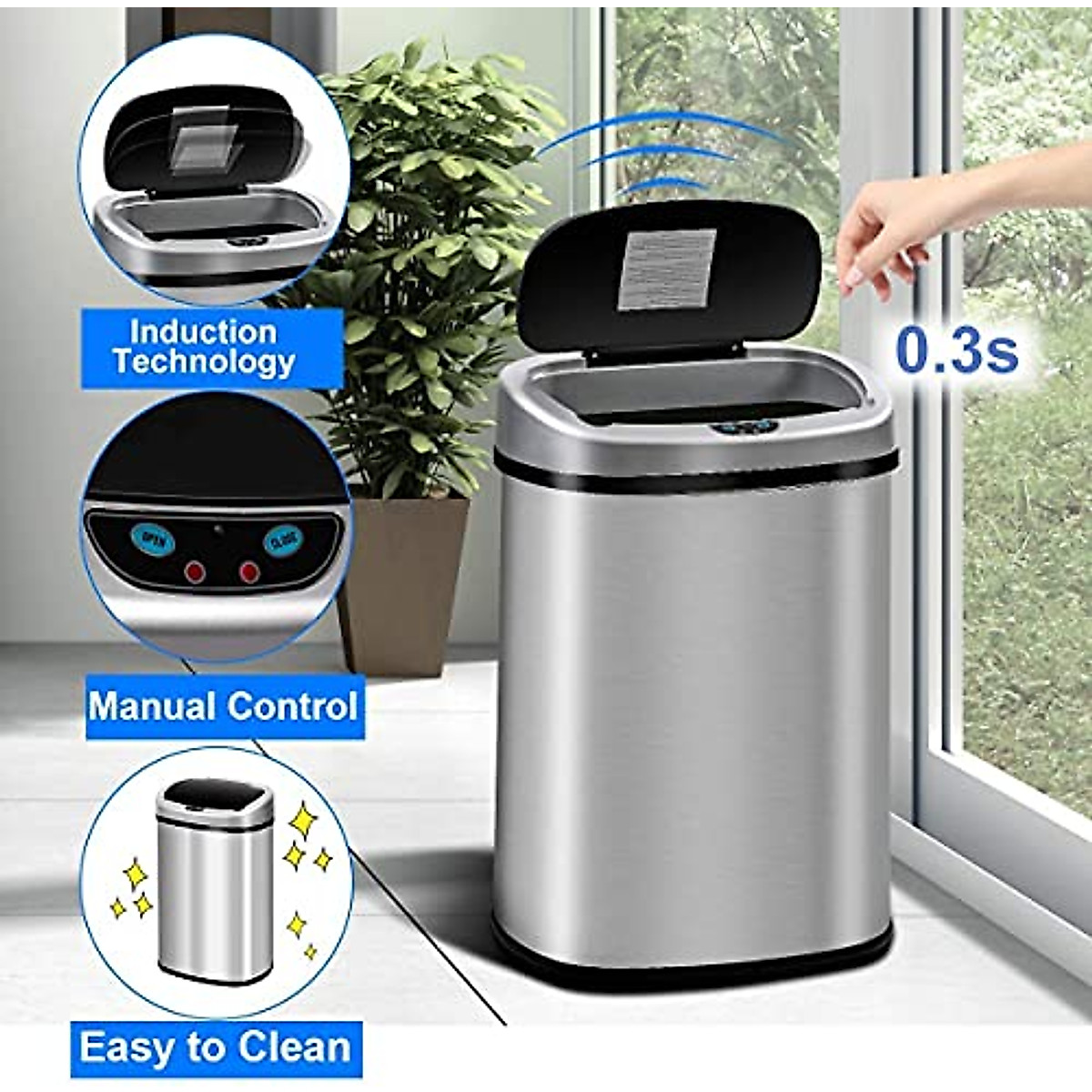 13 Gallon Kitchen Trash Can Automatic Stainless Steel Garbage Can Touch Free Trash Can with Lid Motion Sensor Waste Bin for Kitchen Home Office Living Room Bedroom