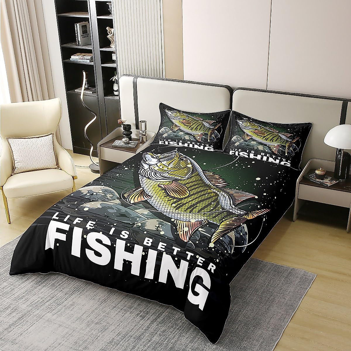 jejeloiu Big Pike Fish Duvet Cover 100% Cotton Bass Big Fish Bedding 100% Cotton Set Fishing and Hunting for Children Microfiber Fisherman Fish Man Duvet Set Room Decor Quilt Cover Full Zipper
