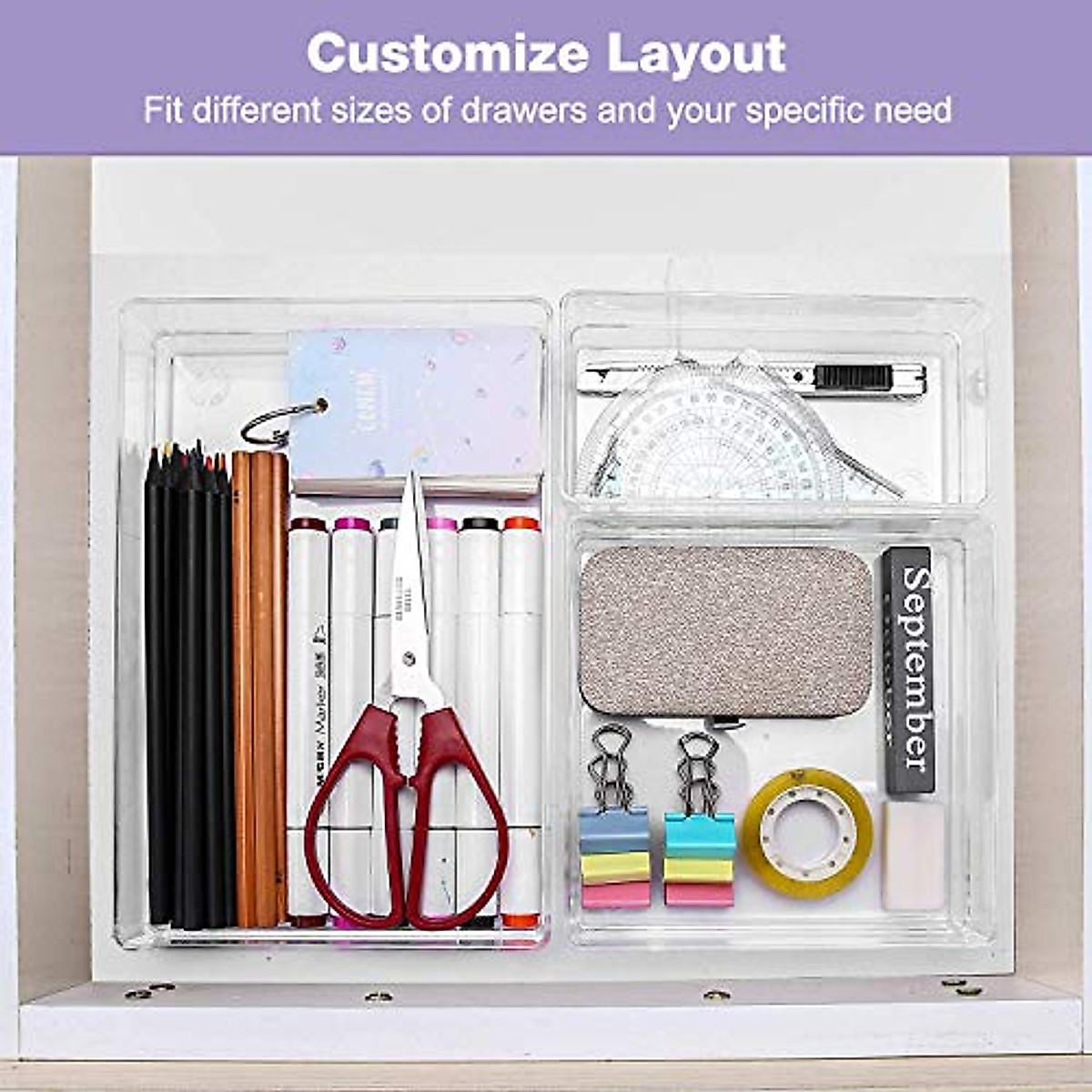 Puricon [10 Pcs] Desk Drawer Organizers, Plastic Clear Organizing Bins, Bathroom Organizers Storage Container Vanity Tray for Makeup Dresser Toilet Kitchen Office