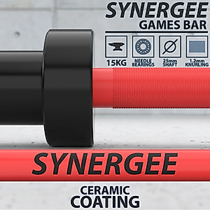 Synergee Games 20kg Colored Men’s Red Ceramic Coated Barbell. Rated 1500lbs for Weightlifting and Powerlifting