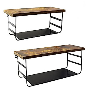 2 Tier Wall Mounted Shelf Set of 2, Wall Floating Shelves with Black Metal for Bedroom, Living Room, Bathroom, Laundry Room, Kitchen, 2 Different Sizes