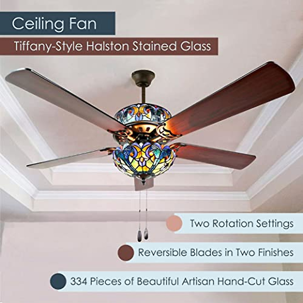 RIVER OF GOODS Tiffany-Style Halston Stained Glass Ceiling Fan - 52" L x 52" W - Mahogany and Black Fan Blades - Blue