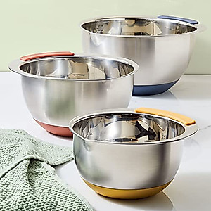 Ayesha Curry Kitchenware Pantryware Stainless Steel Nesting Mixing Bowls Set, 3 Piece, Silver with Color Accent Handles