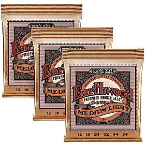 Ernie Ball Earthwood Medium Light Phosphor Bronze Acoustic Guitar Strings 3-pack, 12-54 Gauge (P03446)