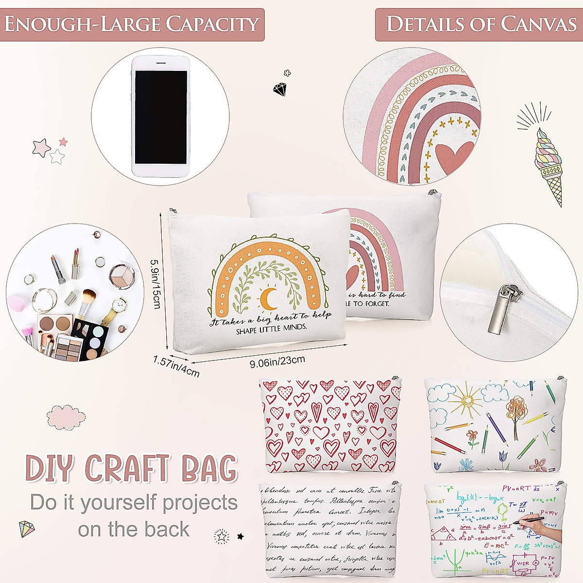 Kajaia Teacher Appreciation Gifts Rainbow Canvas Tote Bags and Cosmetic Bag for Teacher Coworker Nurse(Rainbow)