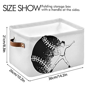Sletend Baseball Sport Rectangular Storage Bin Foldable Sturdy Organizer Basket with Leather Handles for Organizing Home Office Nursery-1Pack
