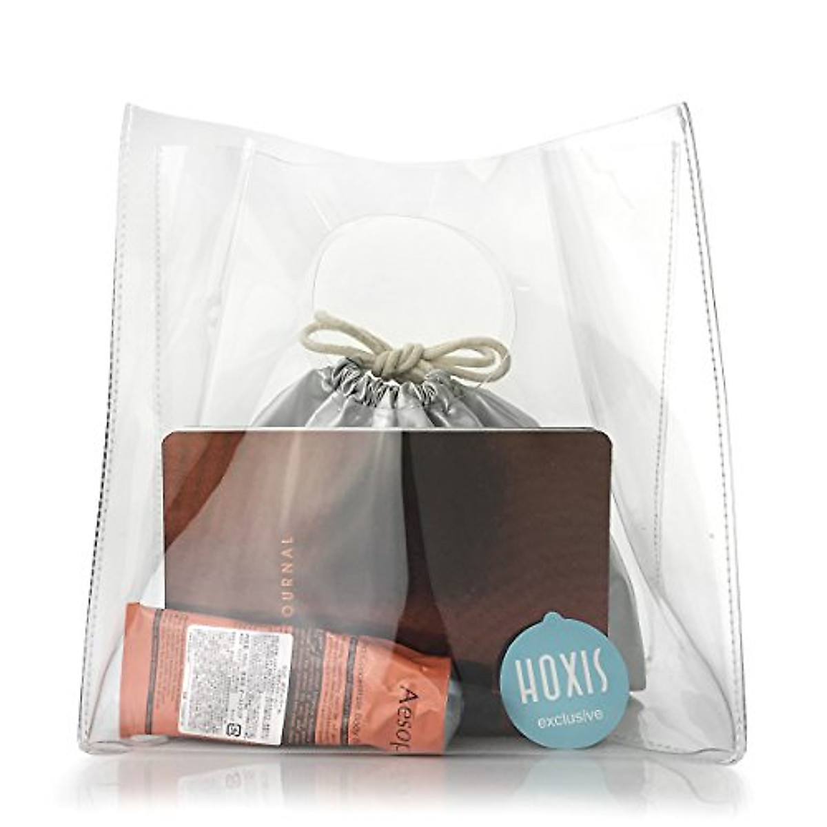 HOXIS Minimalist Clear Handbag Women's Clutch with Pu Leather Drawstring Pouch (Silver) Medium