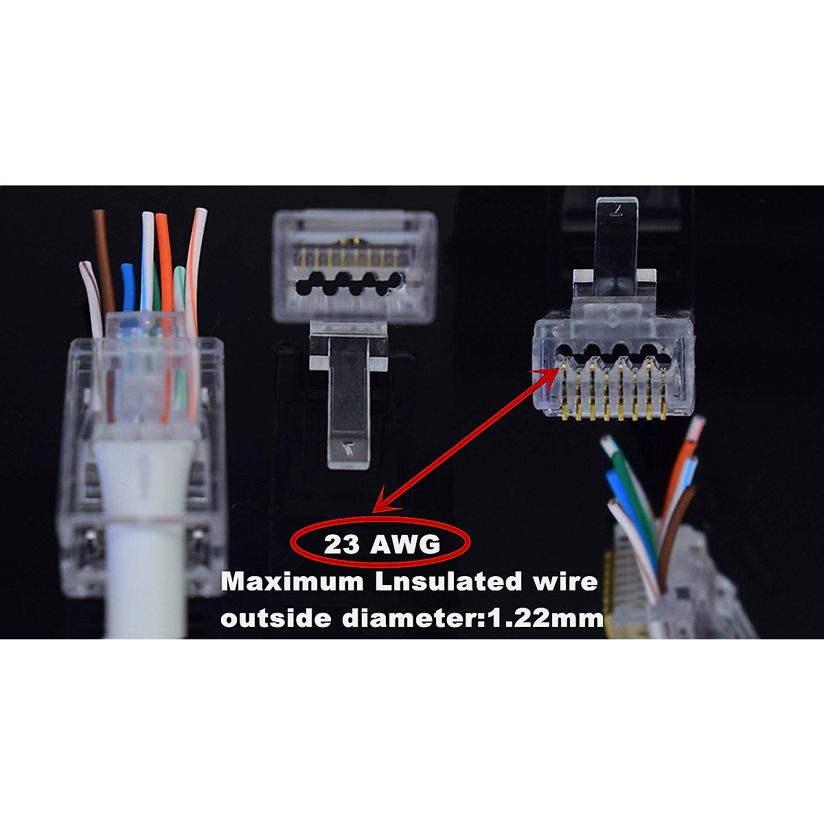 PETECHTOOL RJ45 CAT6A CAT6 Pass Through Connectors 23 AWG Cables 50-Pack - End Bold Ethernet 8P8C Gold Plated Modular Plug for Unshielded Twisted Pair Solid Wire & Standard Cables