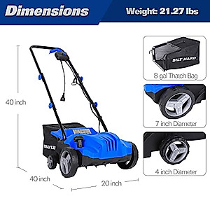 BILT HARD Dethatcher Scarifier Electric Powered, 12 Amp Copper Motor 13 inch Raking Width, 8 gal Thatch Bag, 2 in 1 Walk Behind Thatch Removing Machine for Lawn
