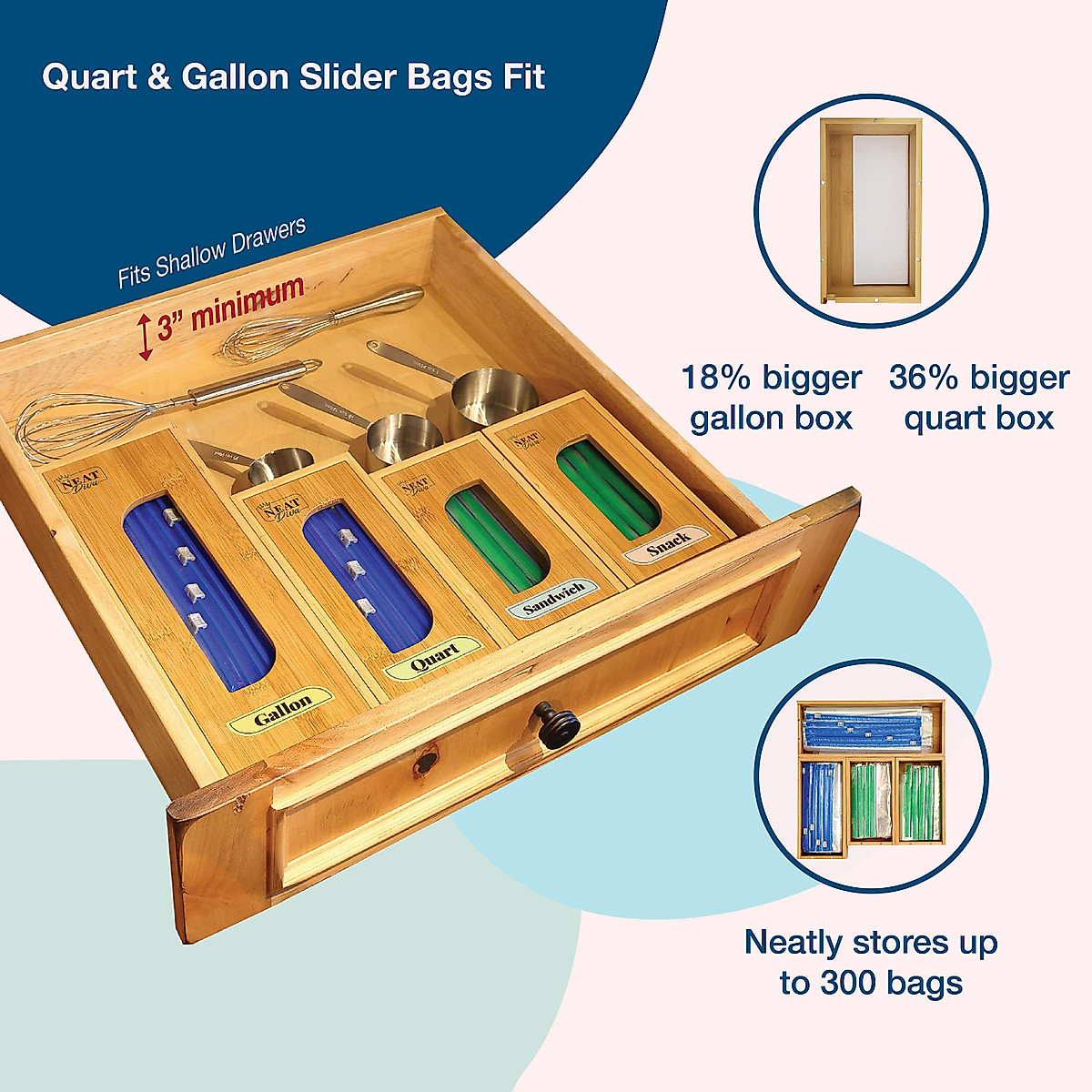 Neat Diva 5 Piece Bundle includes a 4 Piece Set of Ziplock Bag Organizers plus a 2-in-1 Foil and Plastic Wrap Organizer, Aluminum Foil Organization Storage Bag Organizer Kitchen Drawer