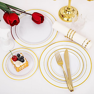 GATHER 350pcs Gold Plastic Plates - Disposable Plastic Dinnerware Set Include 50 Gold Dinner Plates, 50 Gold Salad Plates, 150 Silverware, 50 Napkins, 50 Cups Perfect for Party & Wedding