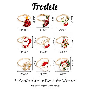 Frodete 9 Pcs Christmas Rings for Women,Rhinestone Christmas Ring Set Gold Santa Claus Bow Snowflake Reindeer Rings for Girls