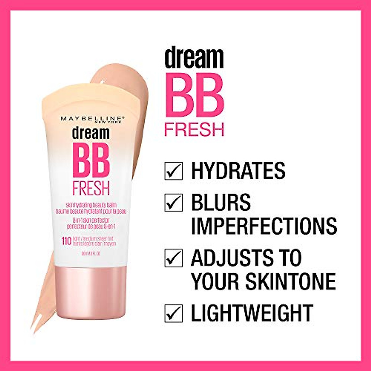 Maybelline Dream Fresh Skin Hydrating BB cream, 8-in-1 Skin Perfecting Beauty Balm with Broad Spectrum SPF 30, Sheer Tint Coverage, Oil-Free, Medium, 1 Fl Oz (Pack of 2)