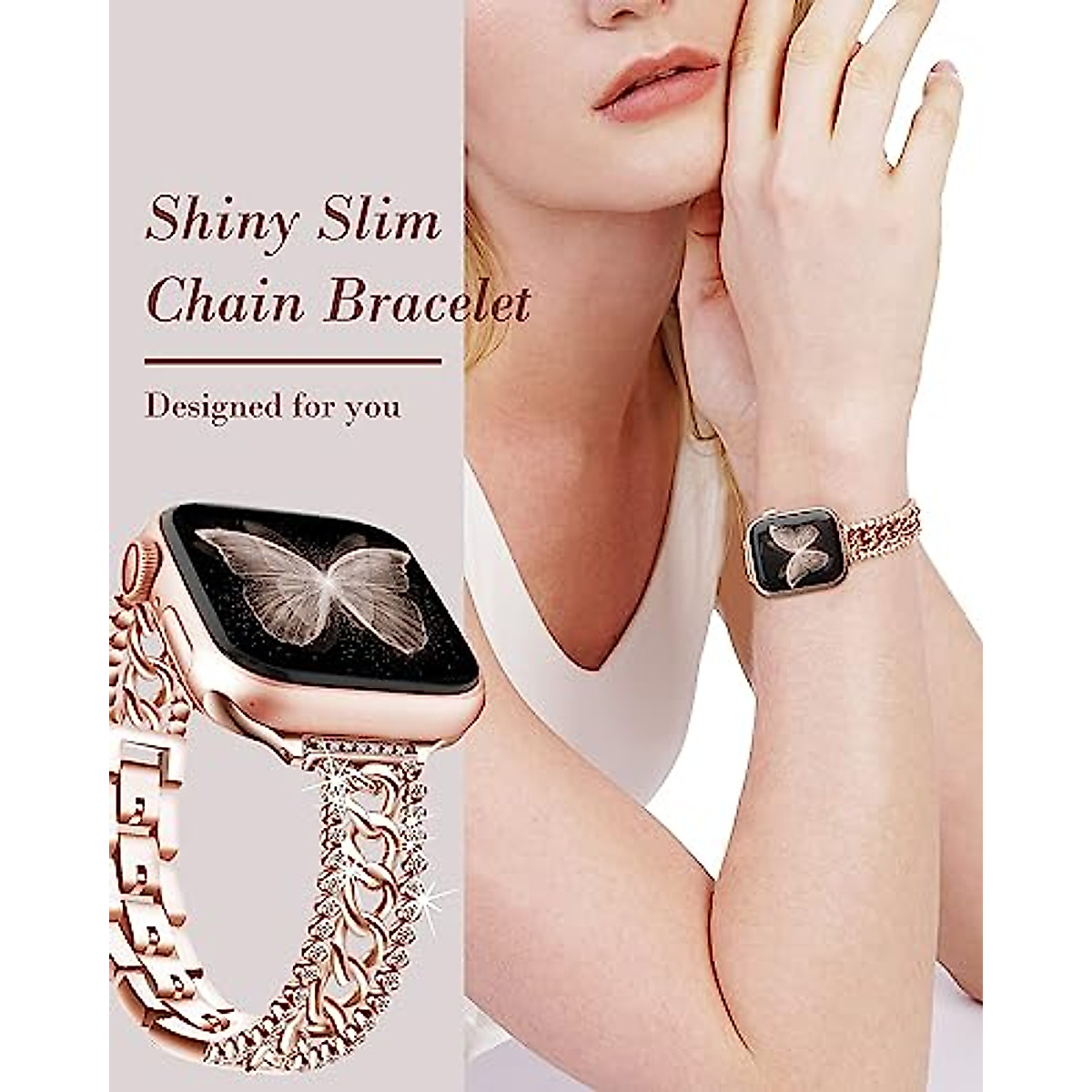 Bling Chain Bracelet Compatible with Apple Watch Band 41mm 40 mm 38mm Series 8 7 6 5 4 3 2 1 SE Women, beu1st Replacement iWatch Band Diamond Rhinestone Stainless Steel Metal Wristband Strap Rose Gold