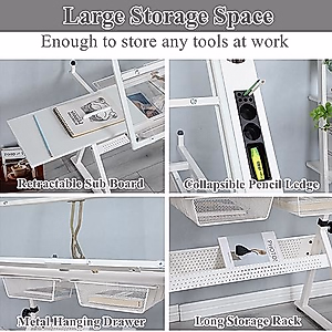 Gynsseh Drafting Table with Stool, Adjustable Height Drawing Table for Artists, 0-75° Tilting Glass Tabletop Art Craft Desk Watercolour Painting Workstation for Home School, White