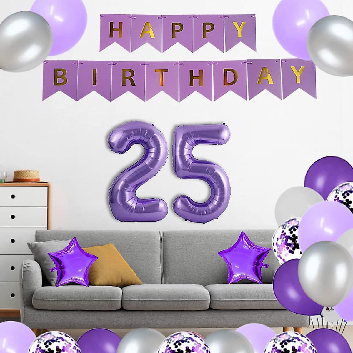 yujiaonly 25th Birthday Party Decorations Purple Happy Birthday Banner Purple 40inch Number 25 Happy birthday Sash Latex and Confetti Balloons for 25 Years Old Men Women