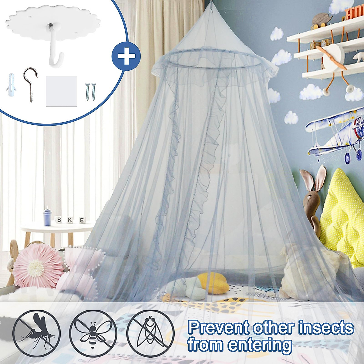 Daksha Princess Bed Canopy for Girls Room, Top and Door Trim with Lace Edges, Bed Canopy with Ruffles Fits Single, Twin, Full, and Queen Beds, Bedroom Decoration (Gray)