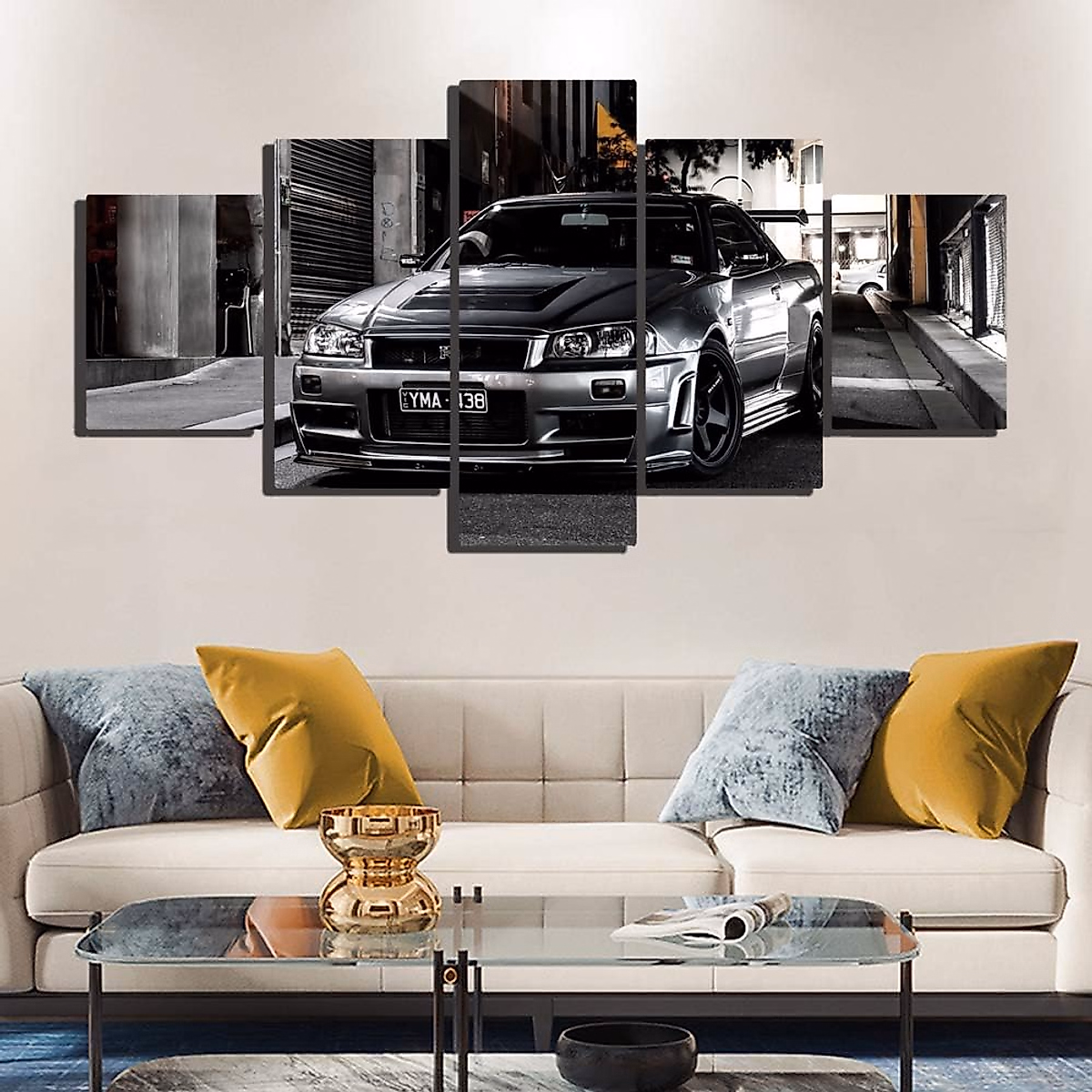 Black and White Nissan Skyline GTR R34 canvas wall art Car Art - 5 Pieces Canvas Wall Art, GTR Canvas Wall Art, supercar picture,boys bedroom decor,living room decor office decor,man cave decor