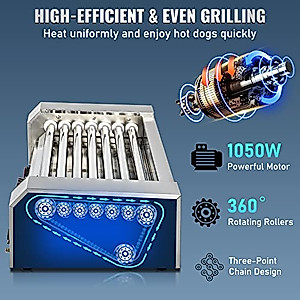 VEVOR Hot Dog Roller, 18 Hot Dog Capacity 7 Rollers, 1050W Stainless Steel Cook Warmer Machine with Dual Temp Control, LED Light and Detachable Drip Tray, Sausage Grill Cooker for Kitchen Restaurant