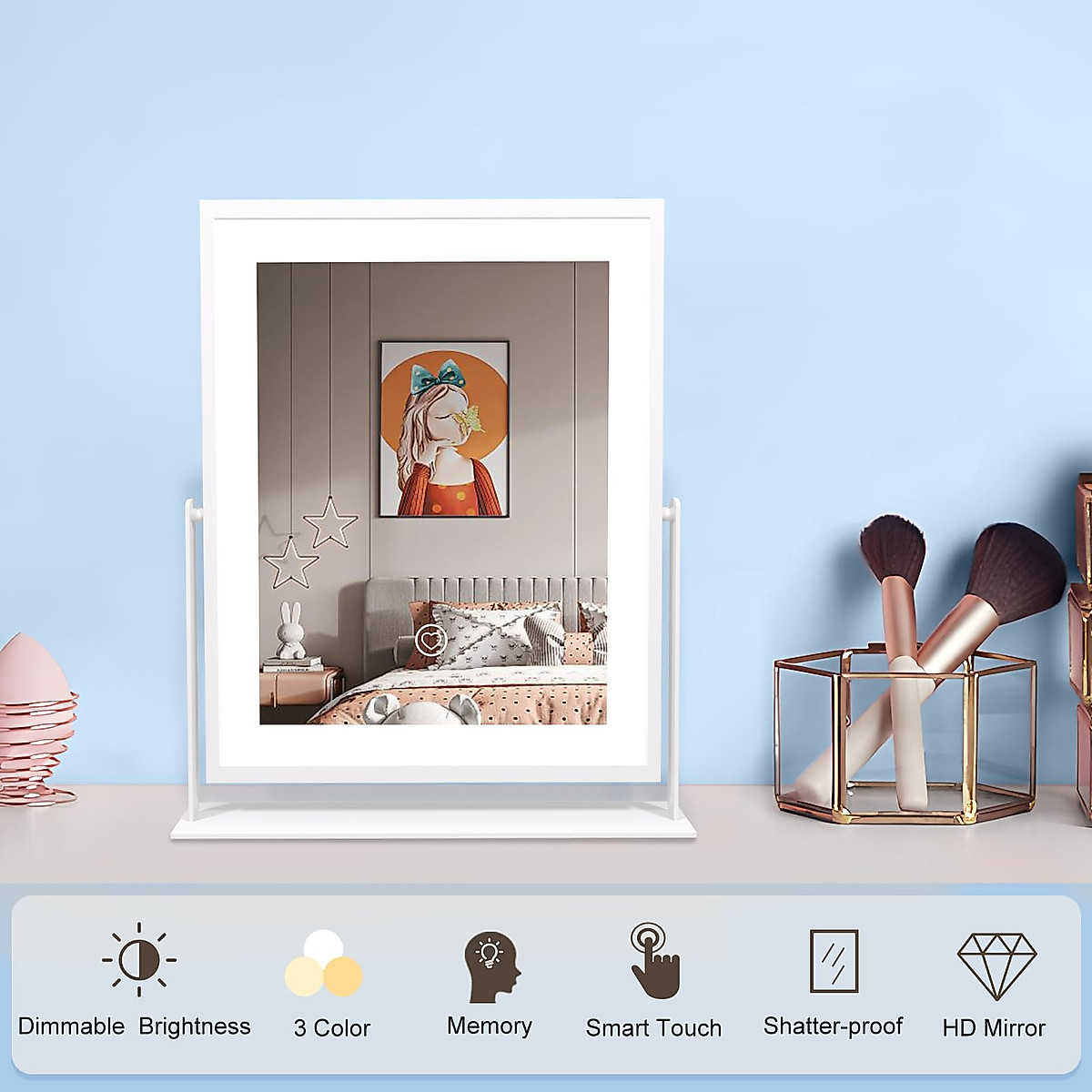 Beelux Vanity Mirror with Lights, New Hollywood Lighted Makeup Mirror with Dimmable Light, Smart Control, Memory, Adjustable Warm White/Natural/Daylight, Birthday Present, 360°Rotation (12 in. White)