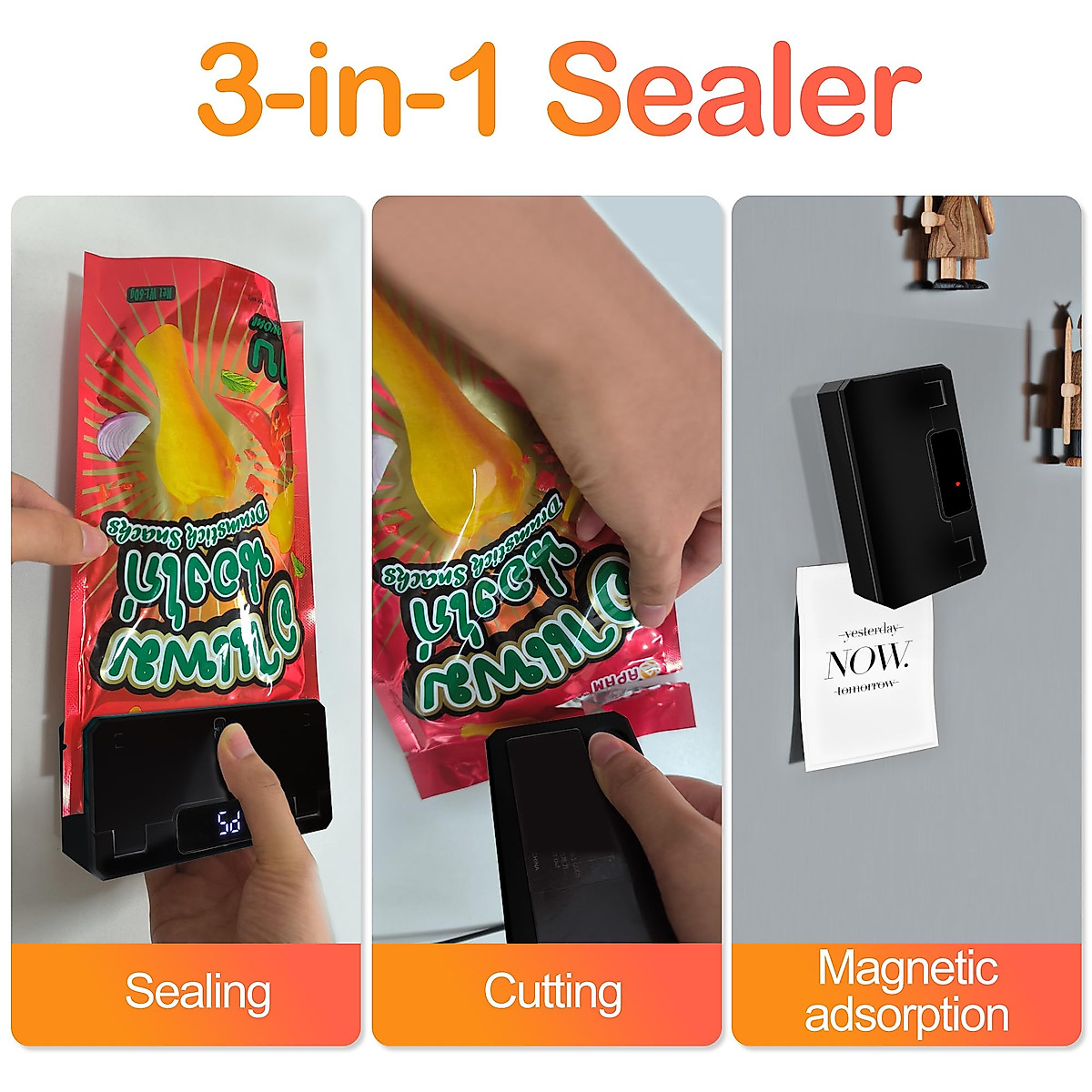 Mini Bag Sealer,3 in 1 USB Rechargeable Heat Sealer and Cutter,5 Adjustable Gears Chip Bag Sealer,with 3000mAh Battery and 3.8" Heating Strip Seal for Chip Bags, Plastic Bags, Snack Bags (Black)