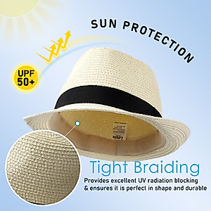 Lvaiz Womens Straw Hat Short Brim Panama Fedora Beach Sun Trilby Hat for Vacation Gentlemen Roll Up Summer Hat, beige White