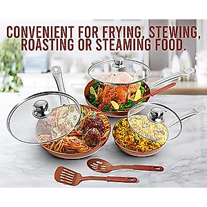 Razab Copper Frying Pan Set with Lids, 8", 9.5" & 11" Frying Pan Set, Nonstick Frying Pan Set, Copper Pans with Lid, Nonstick Skillets w/Lids 8", 9.5" & 11" Copper Pan Set
