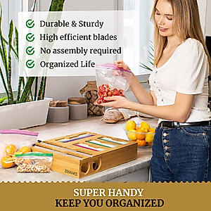 ZEMAKS Bamboo Ziplock bag organizer with foil and plastic wrap organizer for drawer with cutter, compatible with all ziplock bag sizes, any 12 inches roll and 13.5 inches wide drawer