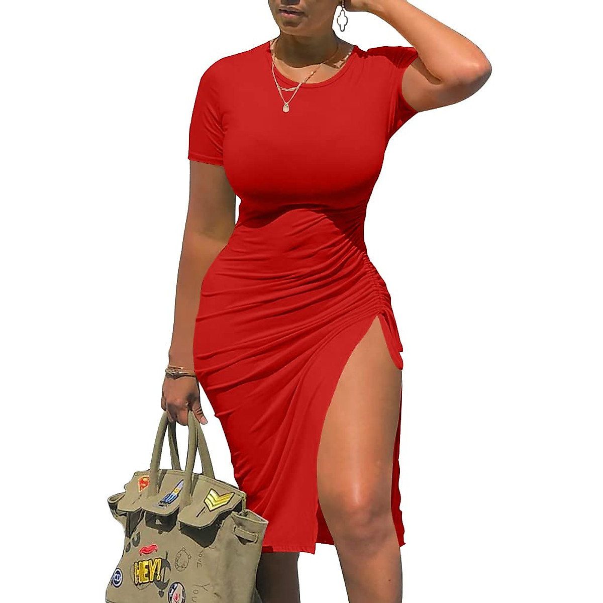 GOKATOSAU Women's Sexy Bodycon Short Sleeve Slit Ruched Summer Club Party Midi Dress Red