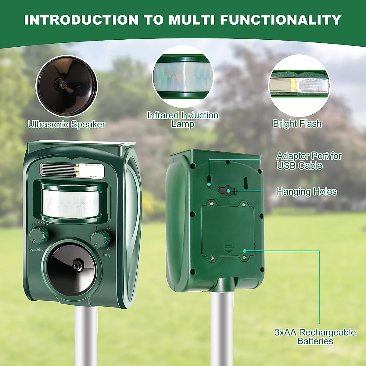 2024 Ultrasonic Animal Repellent, Solar Powered Outdoor Squirrels Deterrent with LED Flashing Motion,Sensor and Sound,Waterproof Deer Dog Repeller,Cat Repellent for Bird Skunk Rabbit