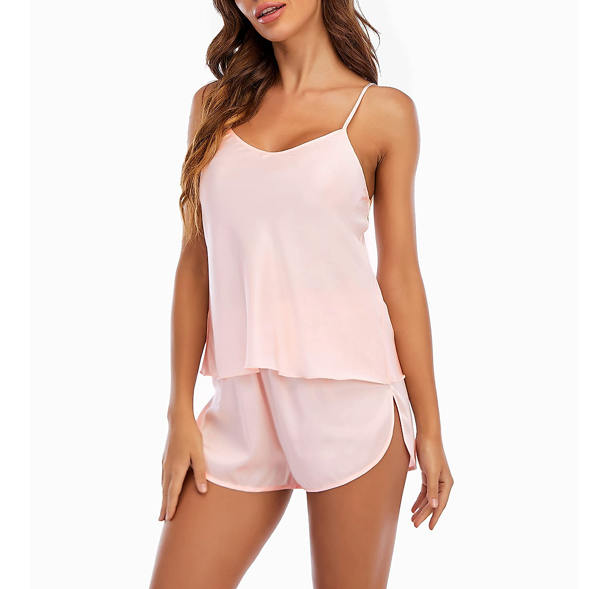 Zando Womens Cami Summer Pajamas Set Shorts Sexy Lingeri Satin Sleepwear Plus Size Lingerie Set Two Piece Sleepwear Satin Shorts Lingerie Set Womens Nightwears Silk PJS Pink X-Small
