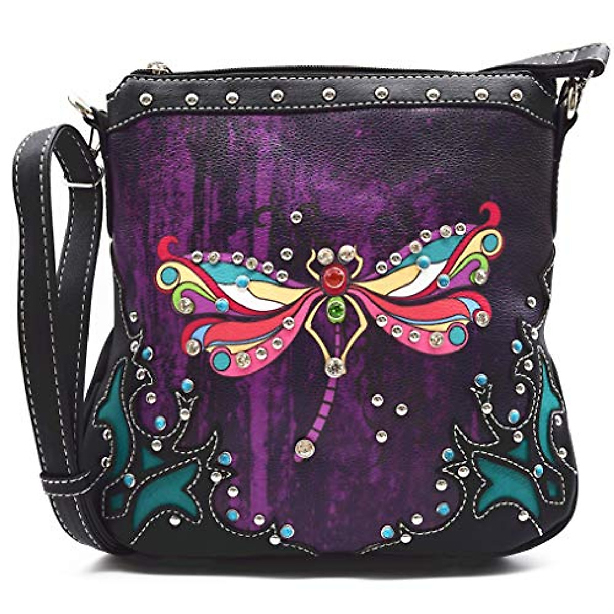 Colorful Dragonfly Western Spring Purse Country Handbag Women Shoulder Bag Crossbody Wallet Set Purple