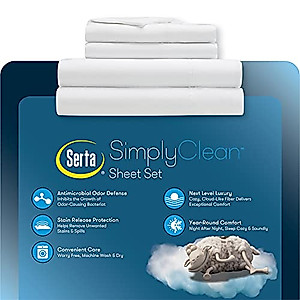 Serta Simply Clean Soft Hypoallergenic Stain Resistant Deep Pocket 4 Pieces Solid Bed Sheet Set, Queen, White