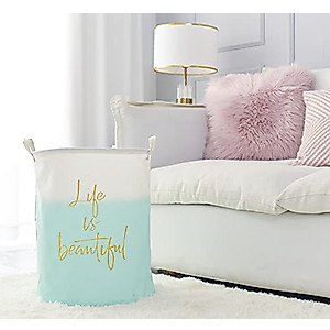 PFONB 19.7" X-Large Collapsible Laundry Basket,Waterproof Sturdy Lightweight Canvas Round Clothes Hamper for Baby Gift Basket.(Life Green)