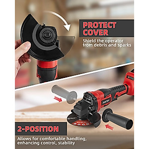 21v Cordless Power Angle Grinder Tool, 9500RPM Brushless 3-Variable-Speed Electric Metal Grinder with 1x4000mAH Battery&Battery Indicator, Cutting Wheels, Flap Disc and Auxiliary Handle for Metal/Wood