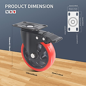 5 Inch Caster Wheels with Brake, Casters Set of 4 Heavy Duty 2000LBS, Safety Dual Locking Industrial Casters, Polyurethane Foam No Noise Wheels for Cart, Workbench(Two Hardware Kits Provided)