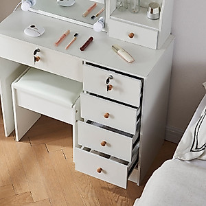 White Makeup Vanity with Lighted Mirror, Vanity Table with Storage Drawer, Dressing Table with Cushioned Stool and for Bedroom, Makeup Room (Modern Vanity 005)